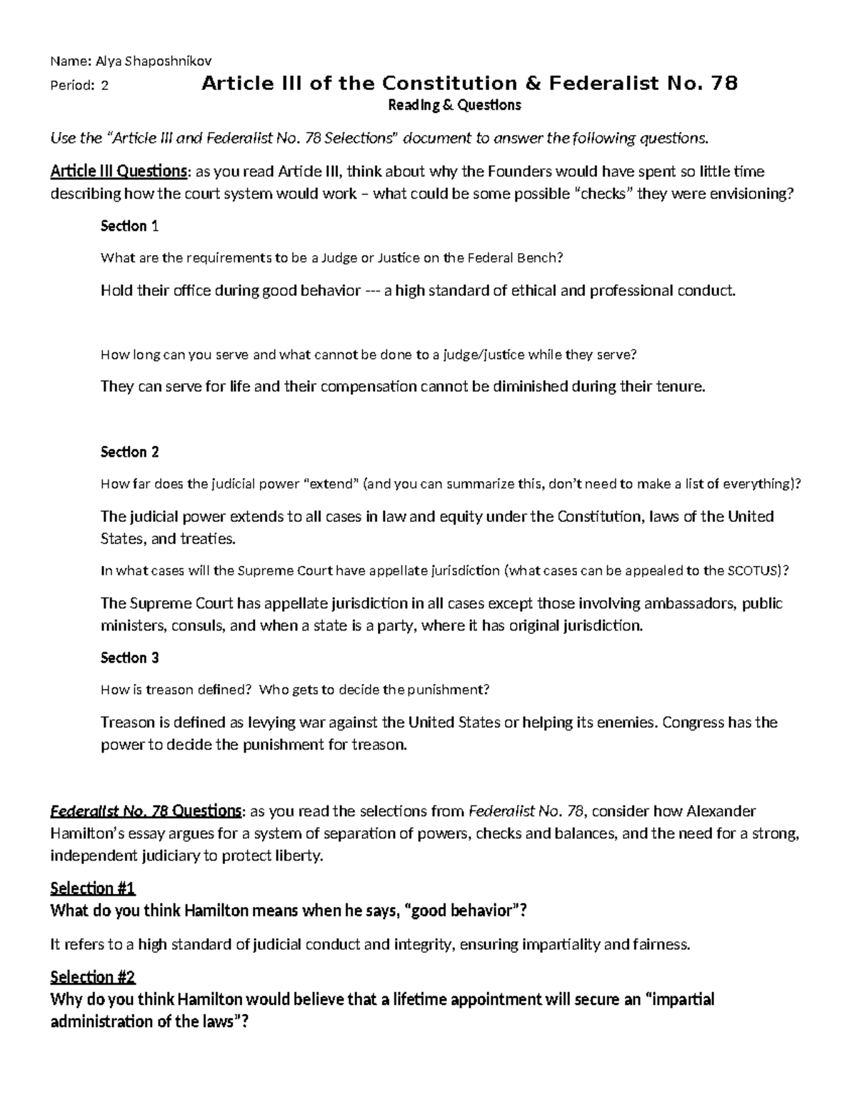 Article III and Federalist 78 Questions - Name: Alya Shaposhnikov ...