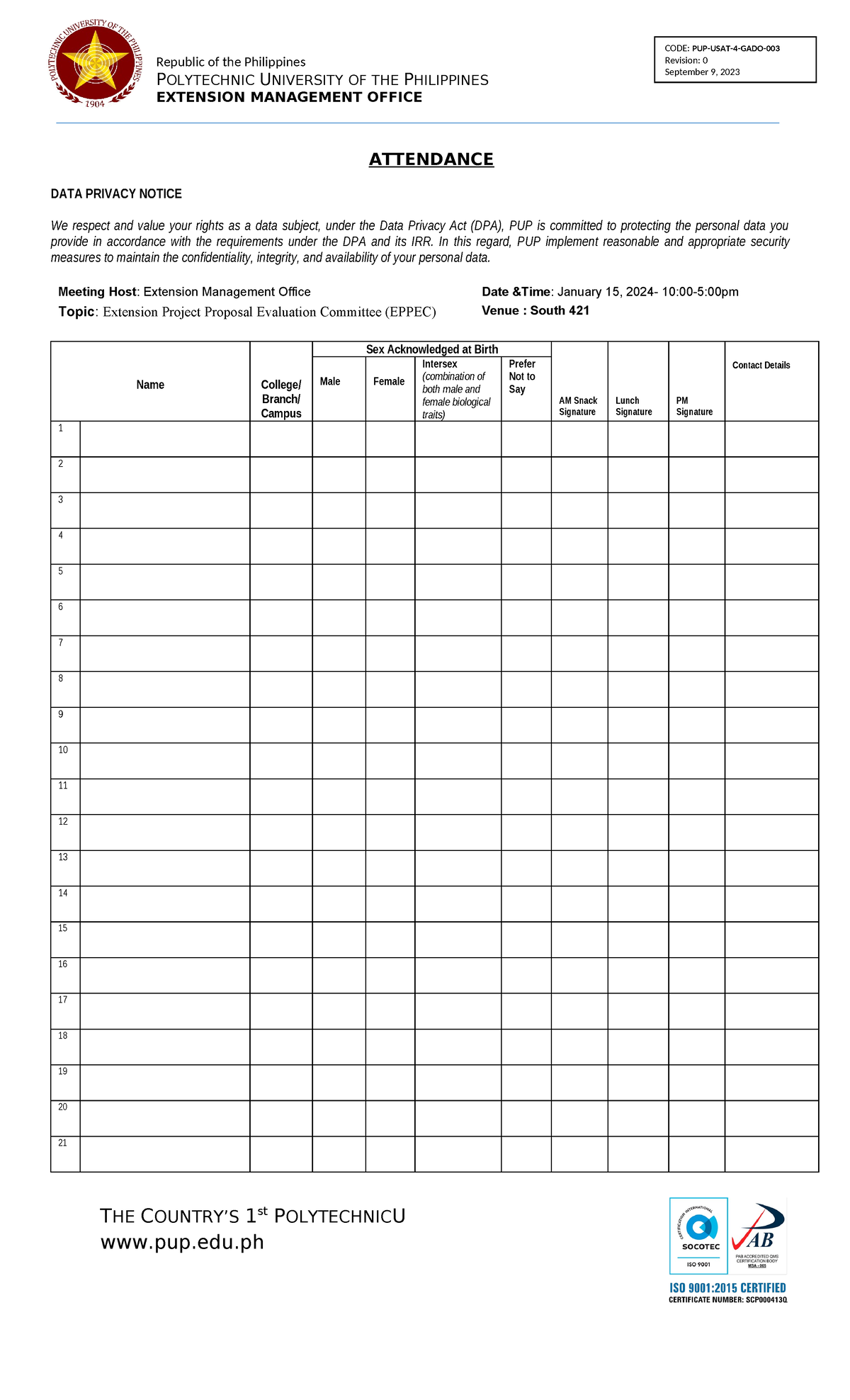 3. Attendance Form - for extension purposes - Republic of the ...