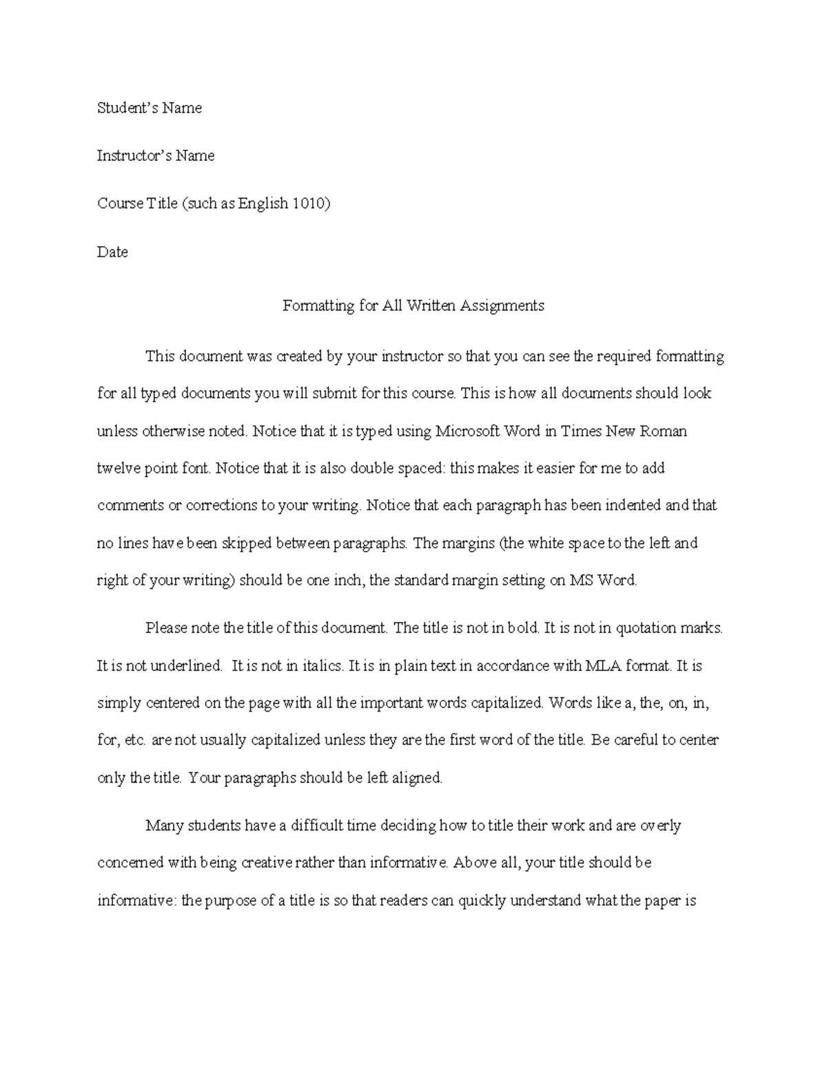 MLA Formatting Guide - assignments - Student’s Name Instructor’s Name ...