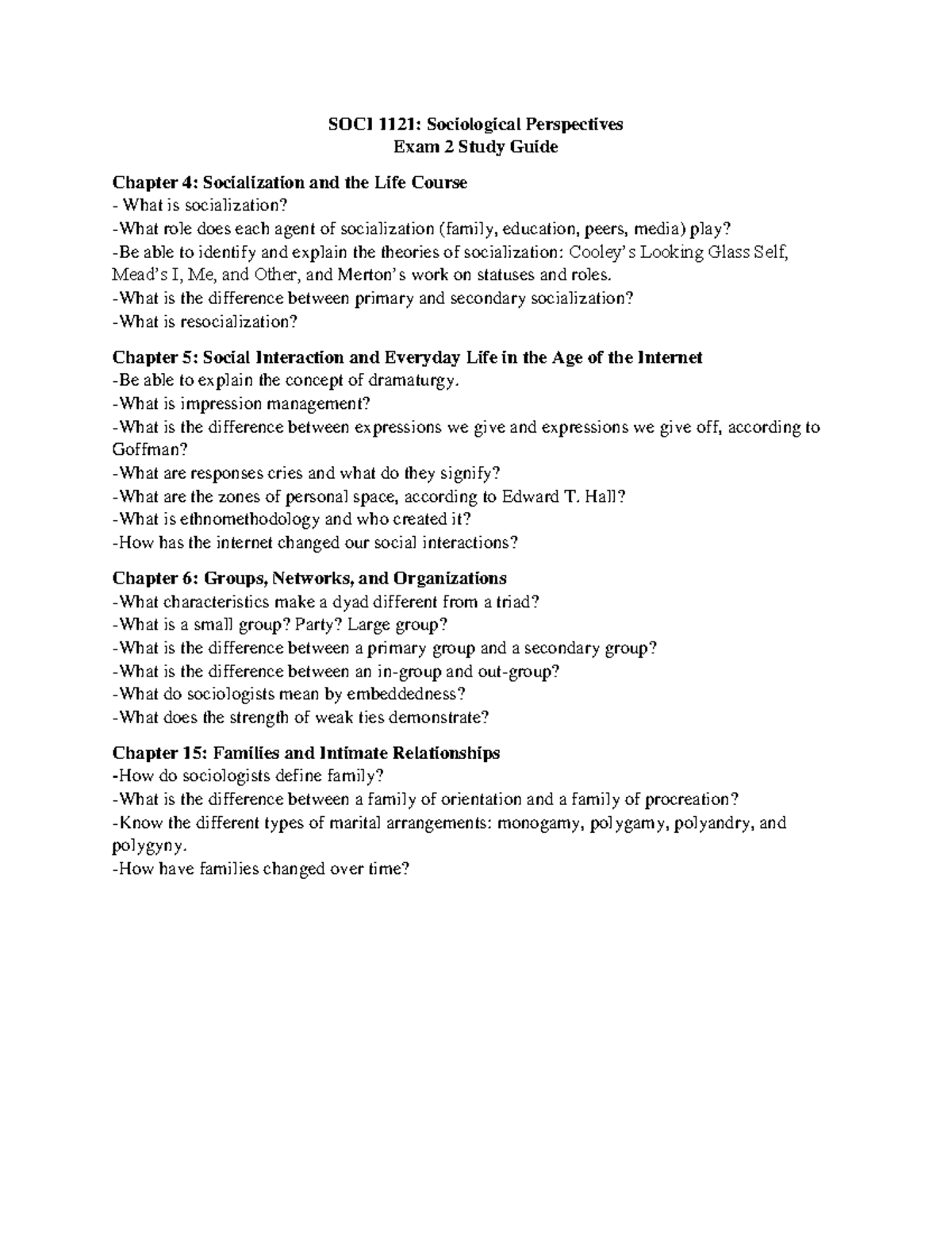 SOCI 1121 Exam 2 Study Guide - SOCI 1121: Sociological Perspectives ...
