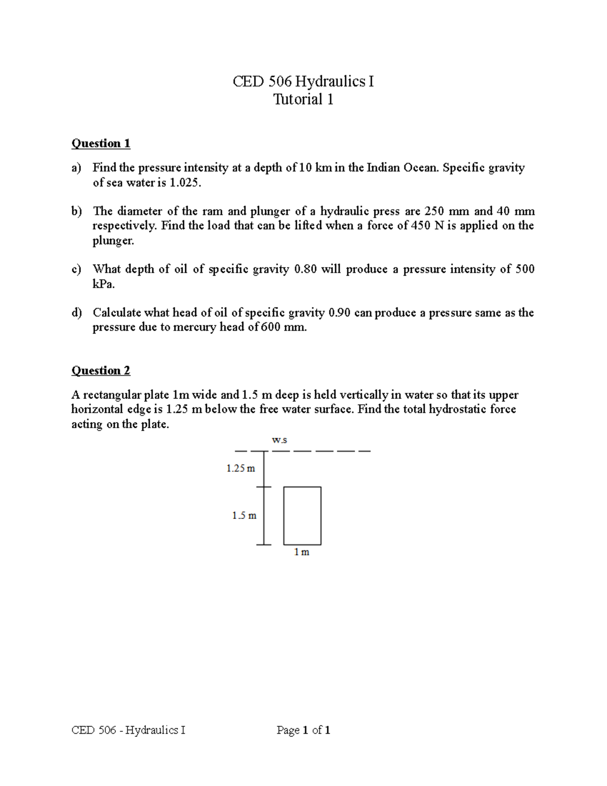 CED 506 Tutorial 1 questions for hydraulic students - CED 506 ...