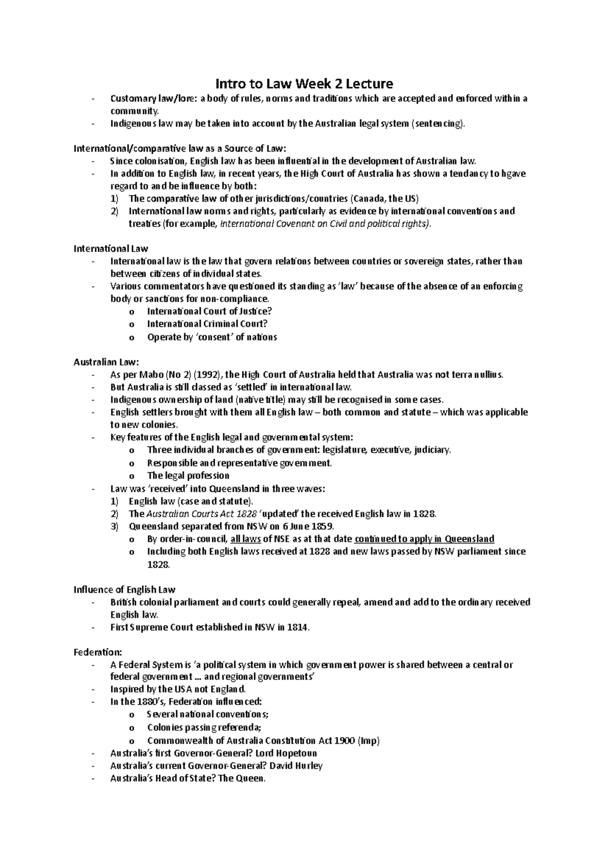Intro to Law Week 2 Lecture - Intro to Law Week 2 Lecture Customary law ...