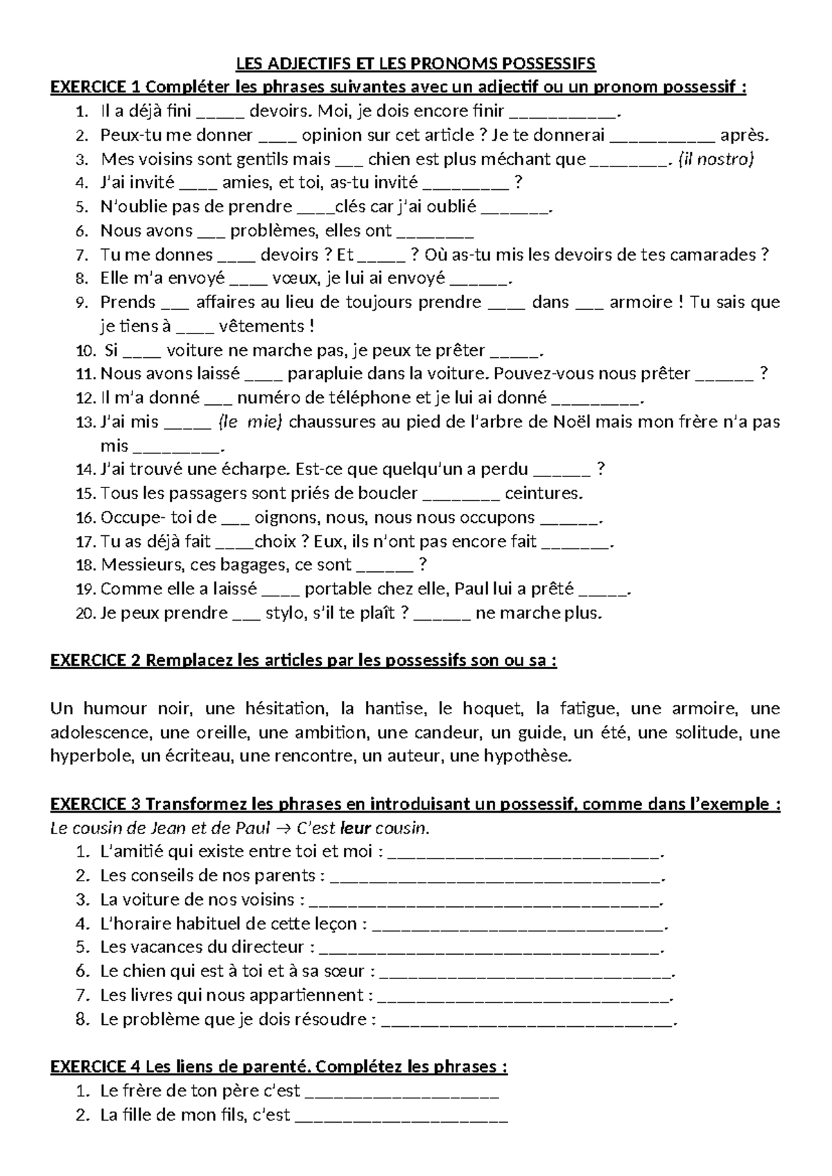 Exercices Adjectifs Pronoms Possessifs - LES ADJECTIFS ET LES PRONOMS ...