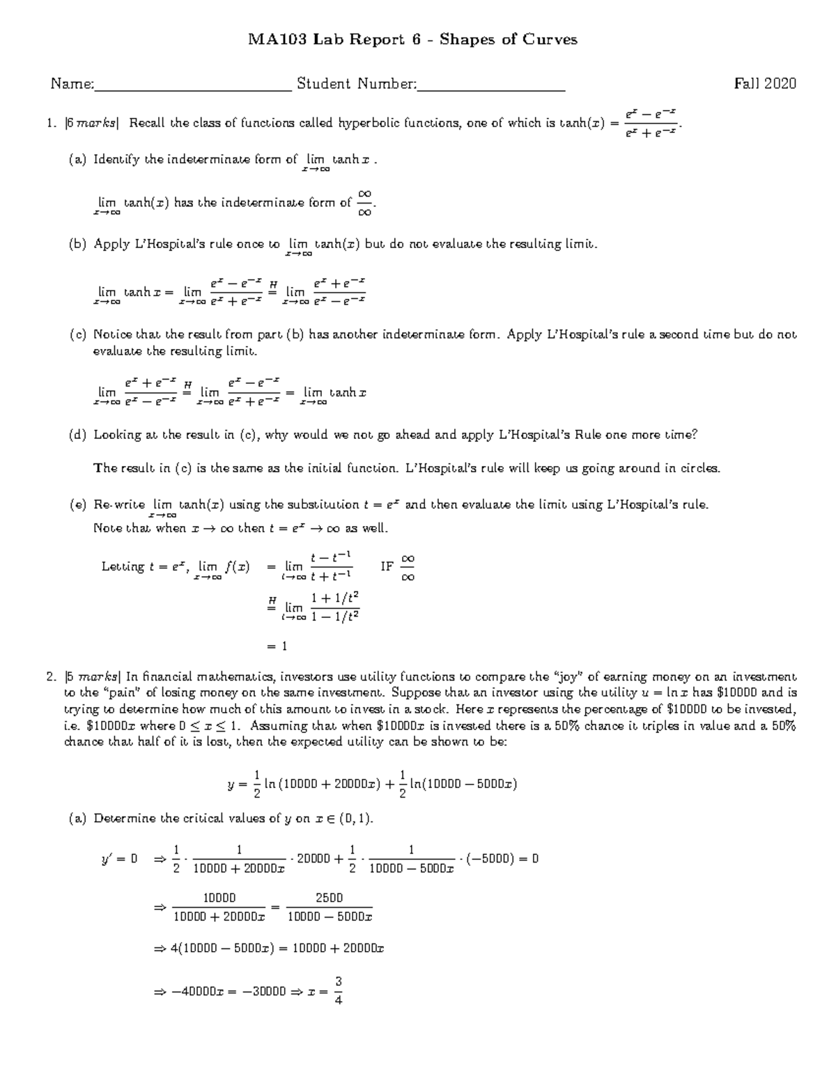 103Lab06Soln Updated - lab solutions - MA103 Lab Report 6 - Shapes of ...