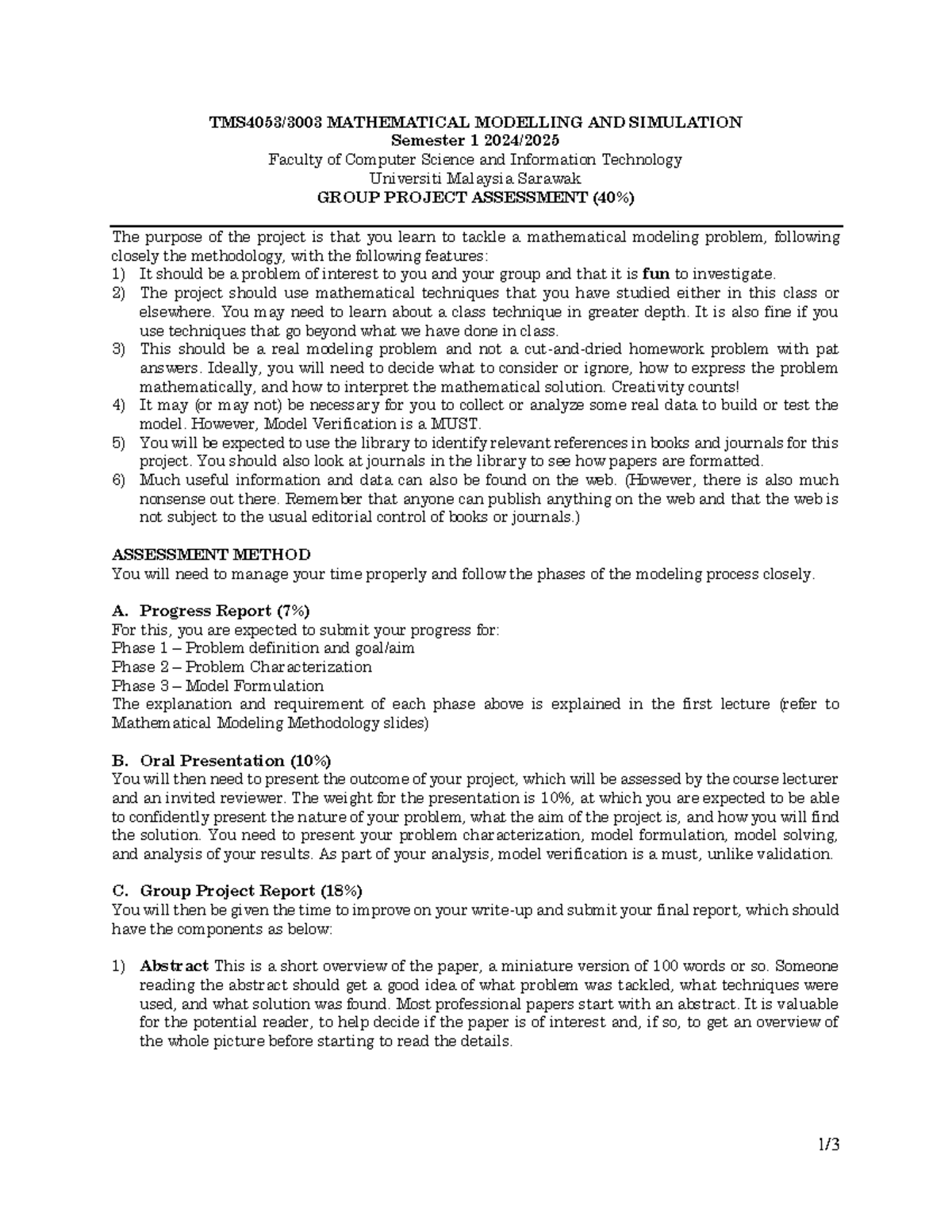 Group Project description - 1 / TMS4053/3003 MATHEMATICAL MODELLING AND ...