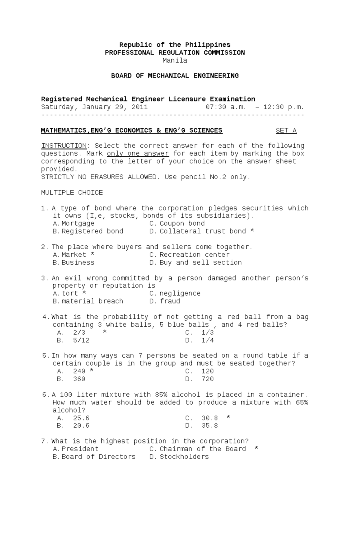 MESL ME Board Exam January 2011 Republic Of The Philippines