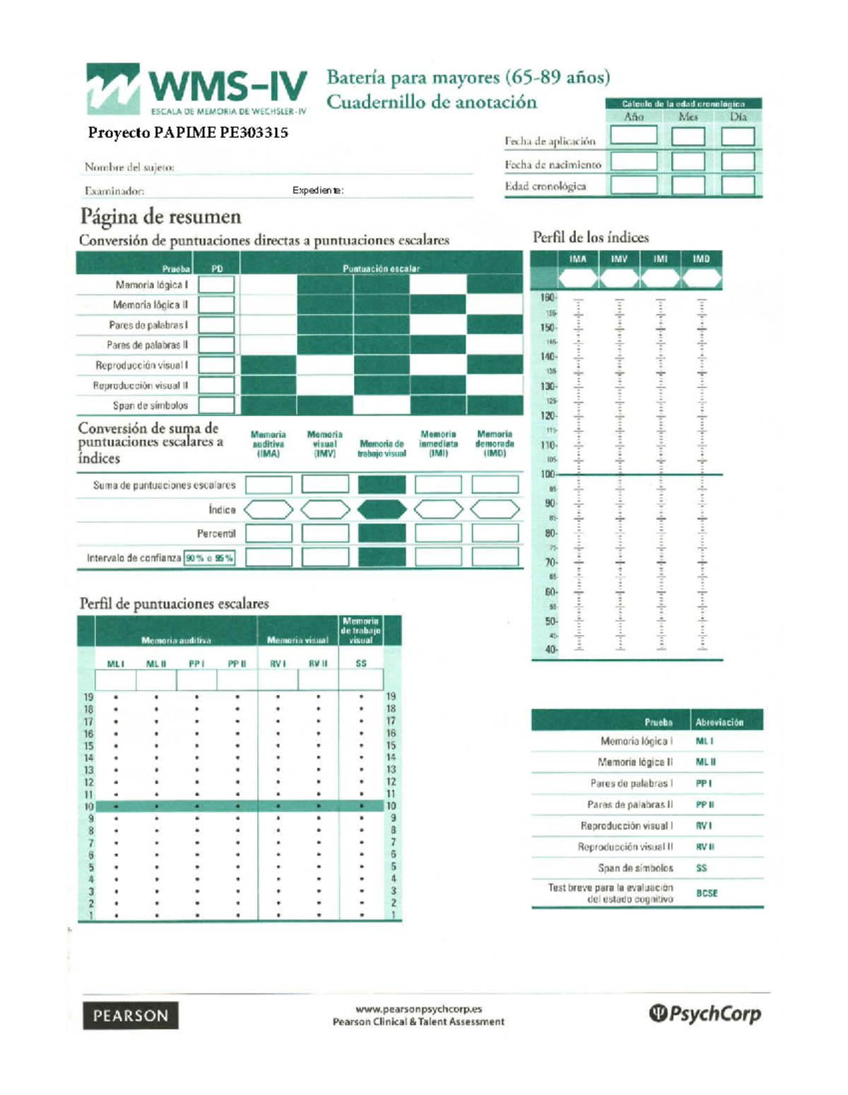 WMS-IV Protocolo Mx - Medición y Evaluación Psicológica - 1SPZFDUP 1"1*.& 1& - Studocu