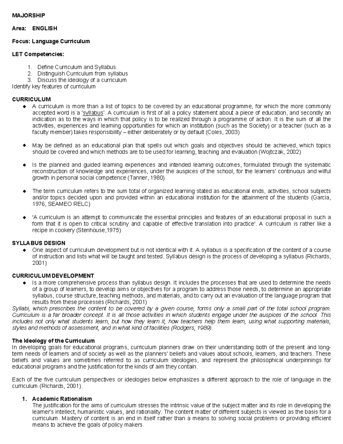 Language Curriculum - Lecture notes review - MAJORSHIP Area: ENGLISH ...