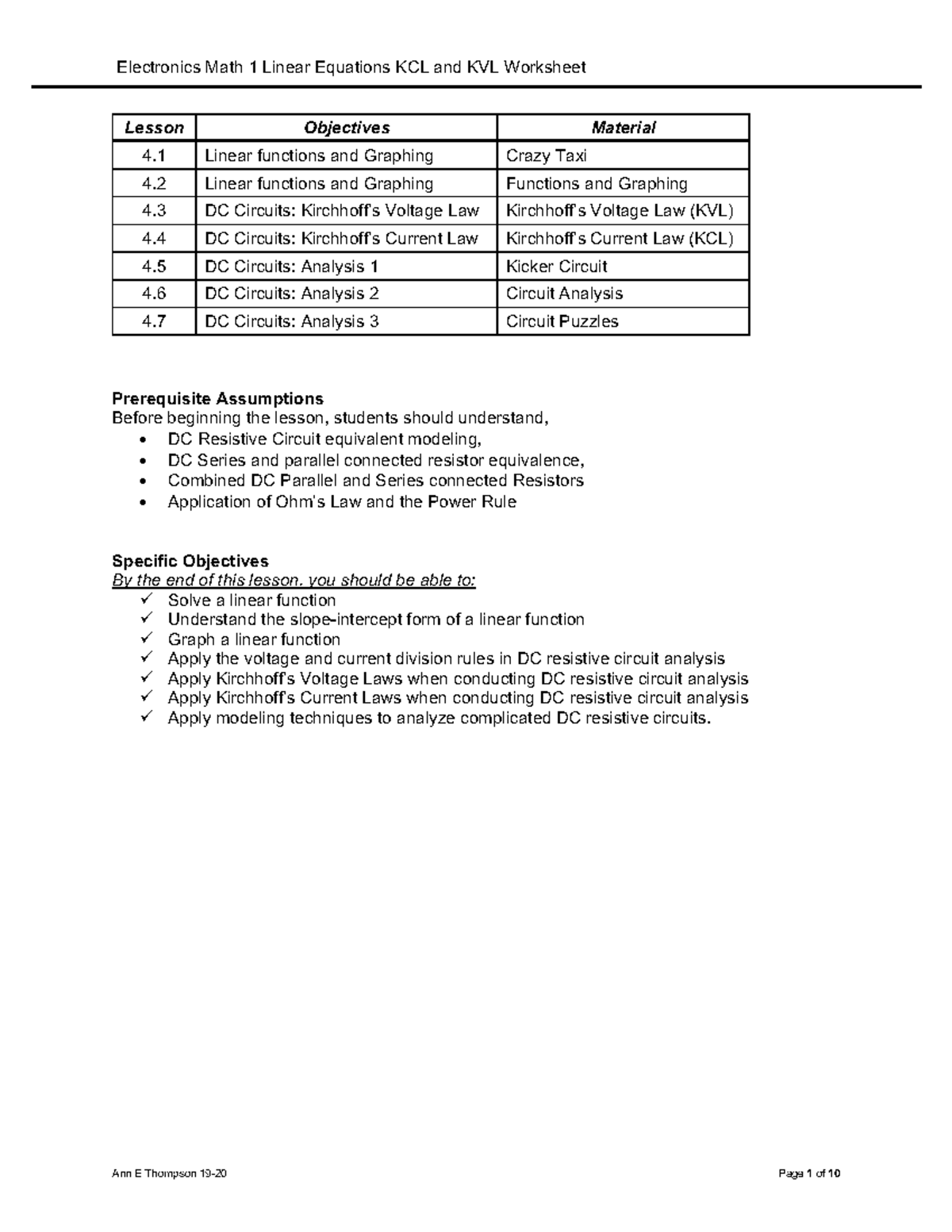 4 Electronics Math 1 Linear Equations KCL and KVL Worksheet ...