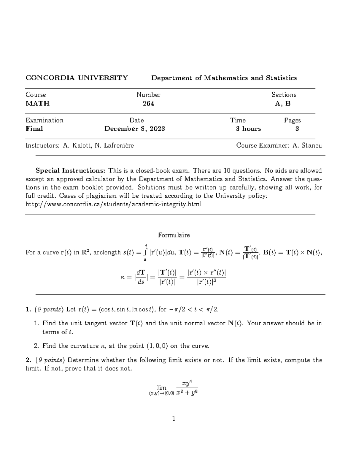 Final exam MATH 264 - CONCORDIA UNIVERSITY Department of Mathematics ...