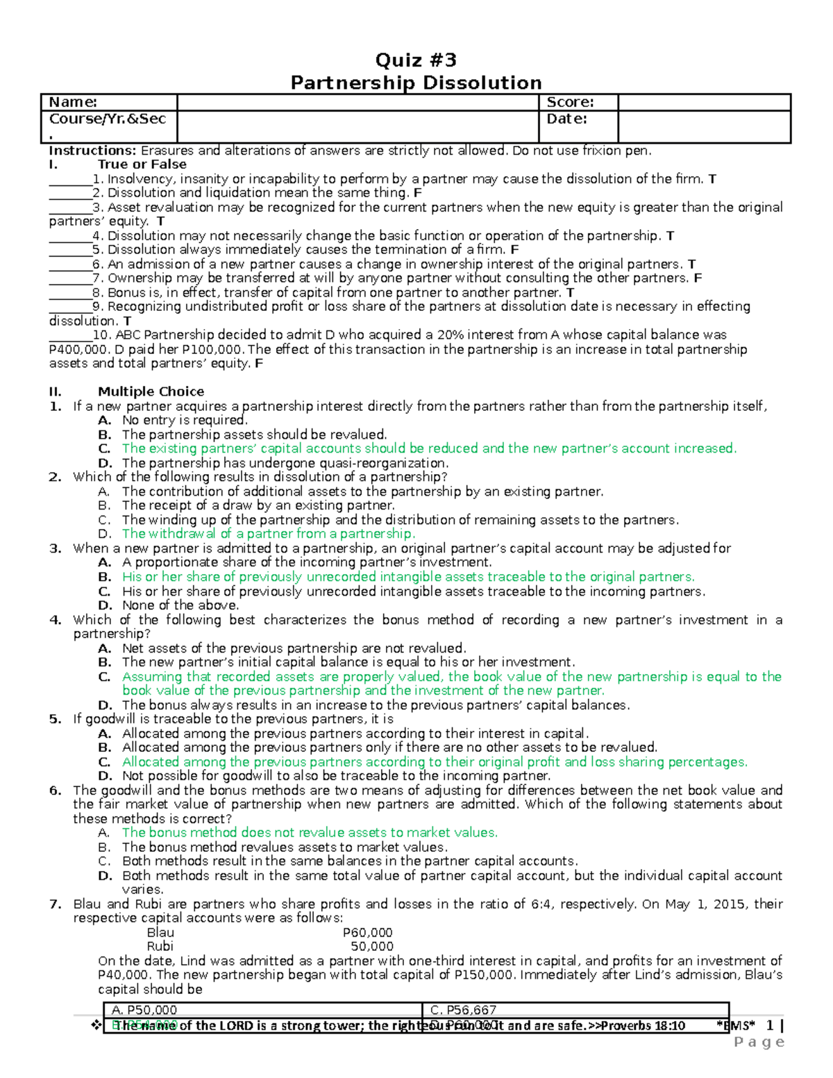 Partnership Dissolution Reviewer - Quiz Partnership Dissolution Name: Score: Course/Yr.&Sec ...