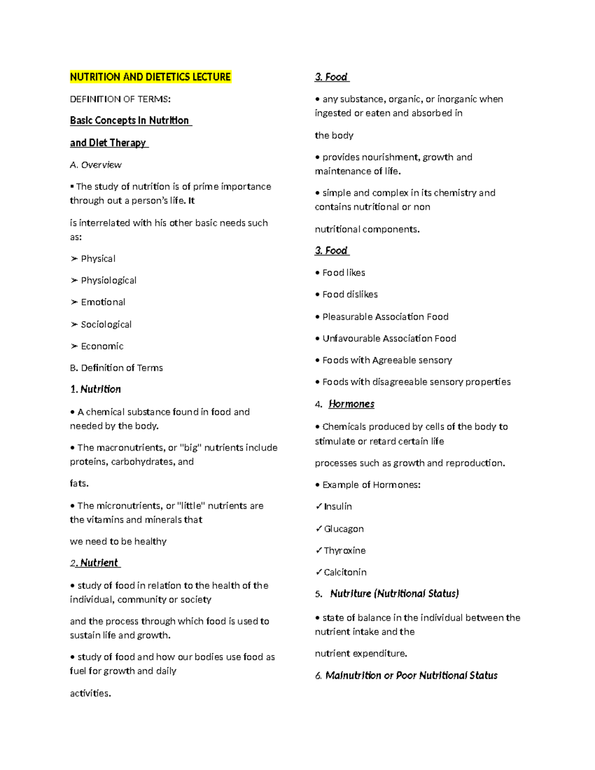 CHAP-1- Lecture - NUTRITION AND DIETETICS LECTURE DEFINITION OF TERMS ...