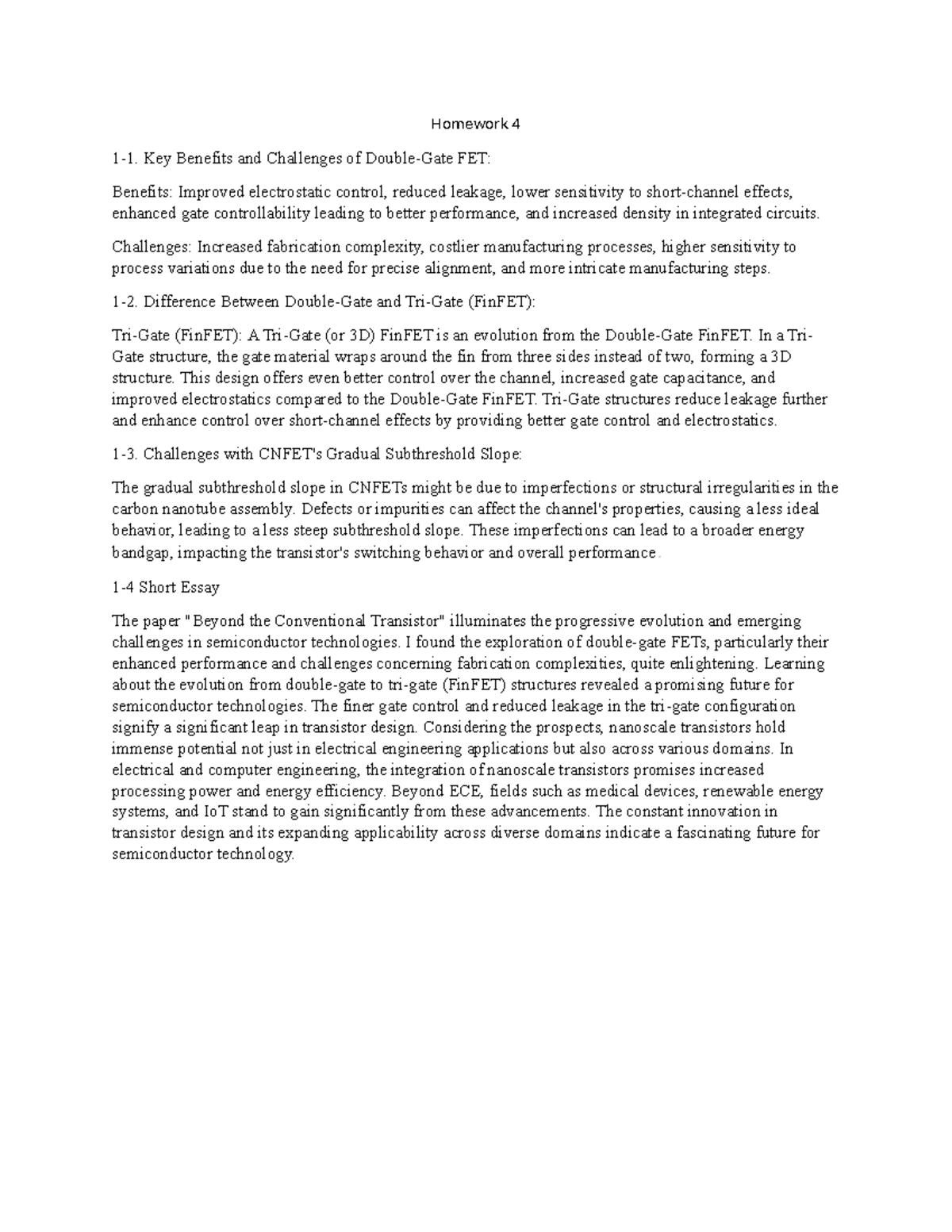Homework 4 - lab work - Homework 4 1-1. Key Benefits and Challenges of Double-Gate FET: Benefits ...