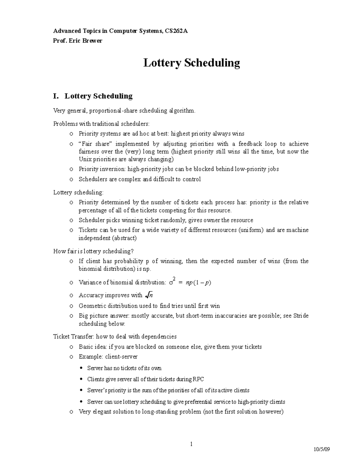 Lottery Scheduling - Personal Notes - 1 Advanced Topics in Computer ...