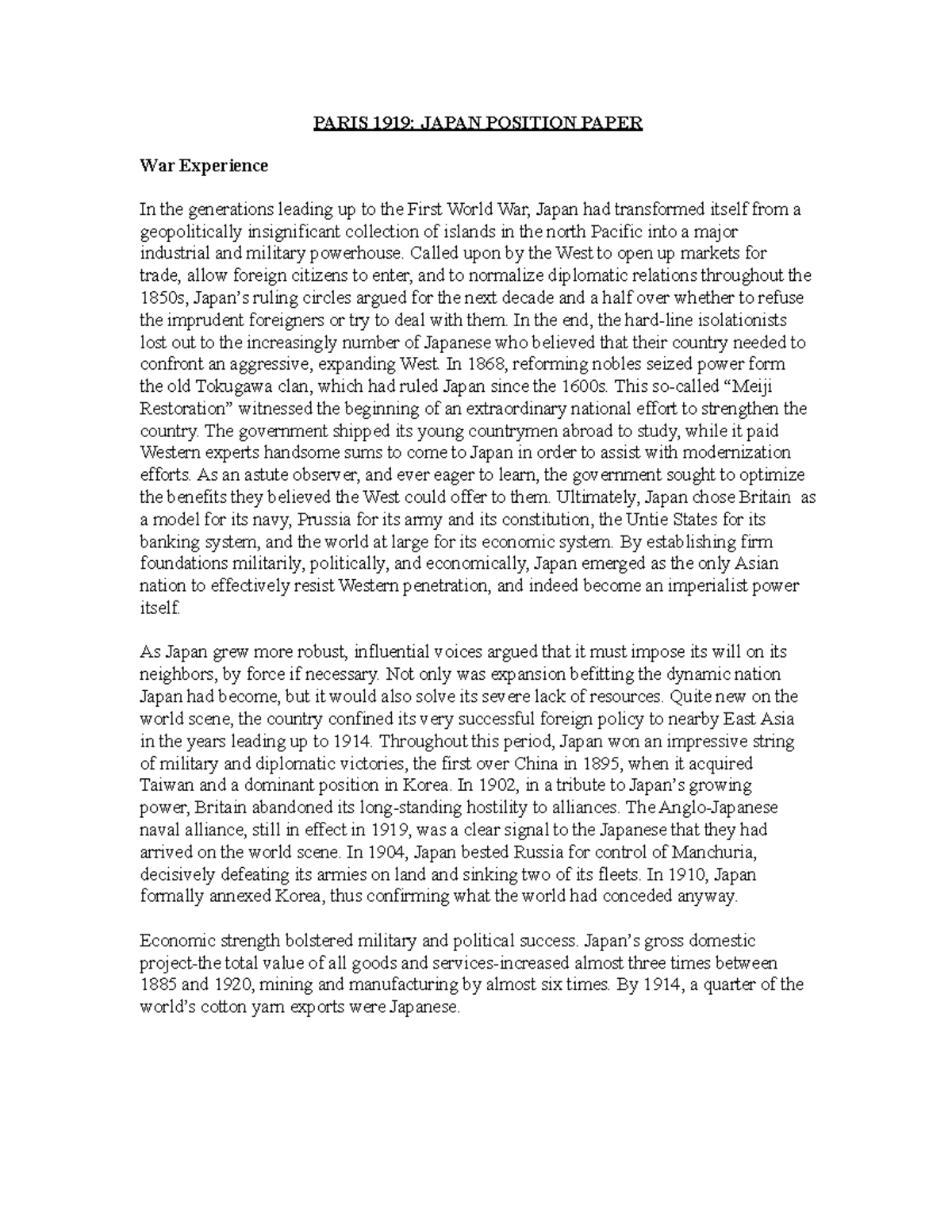 Paris 1919-Japan position paper - PARIS 1919: JAPAN POSITION PAPER War ...