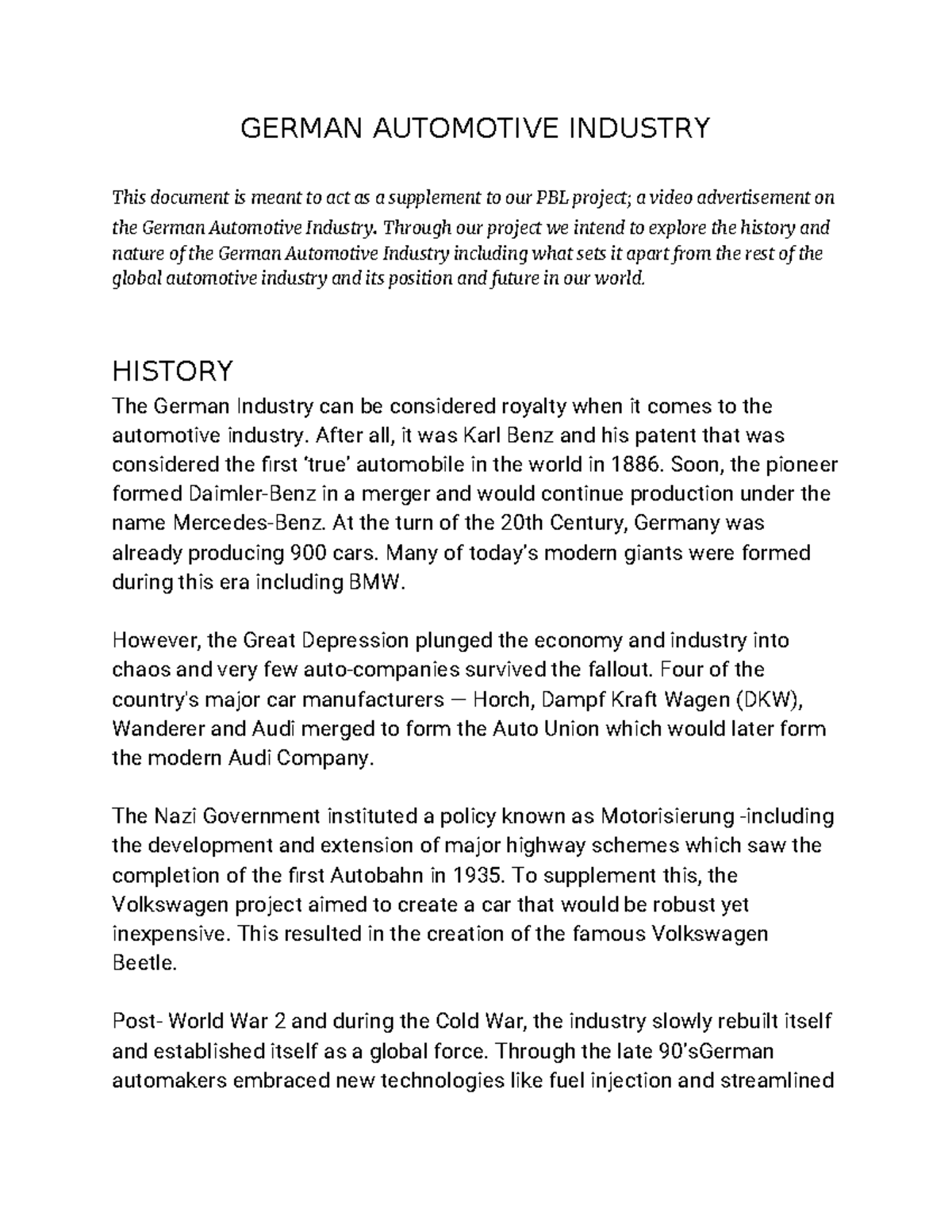 German Automotive Industry - Through our project we intend to explore ...