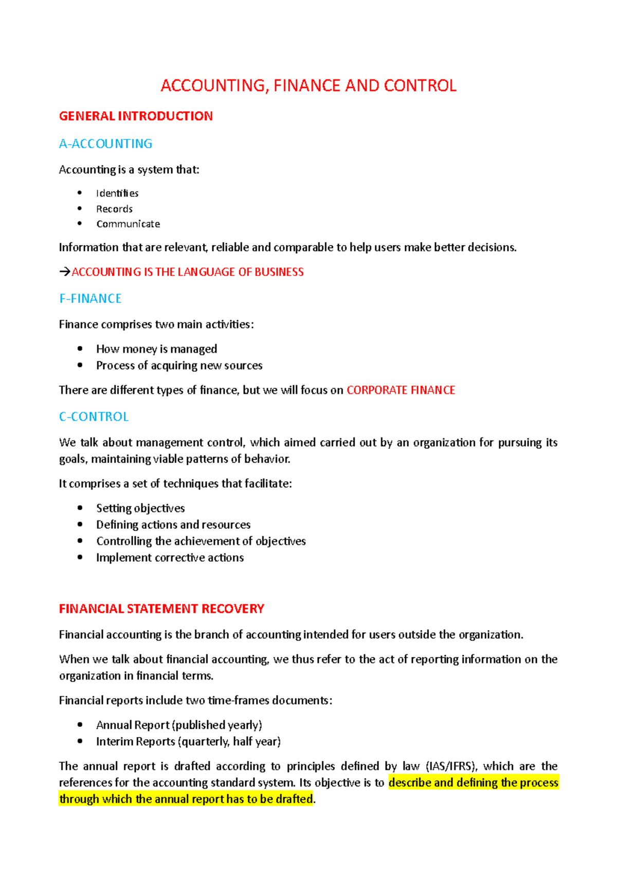 AFC - AFC complete notes - ACCOUNTING, FINANCE AND CONTROL GENERAL ...