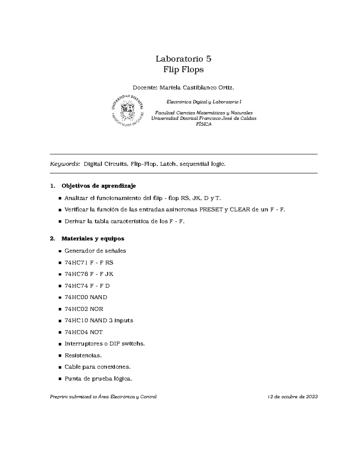 Lab 5 Flip Flops - Laboratorio 5 Flip Flops Docente: Mariela ...