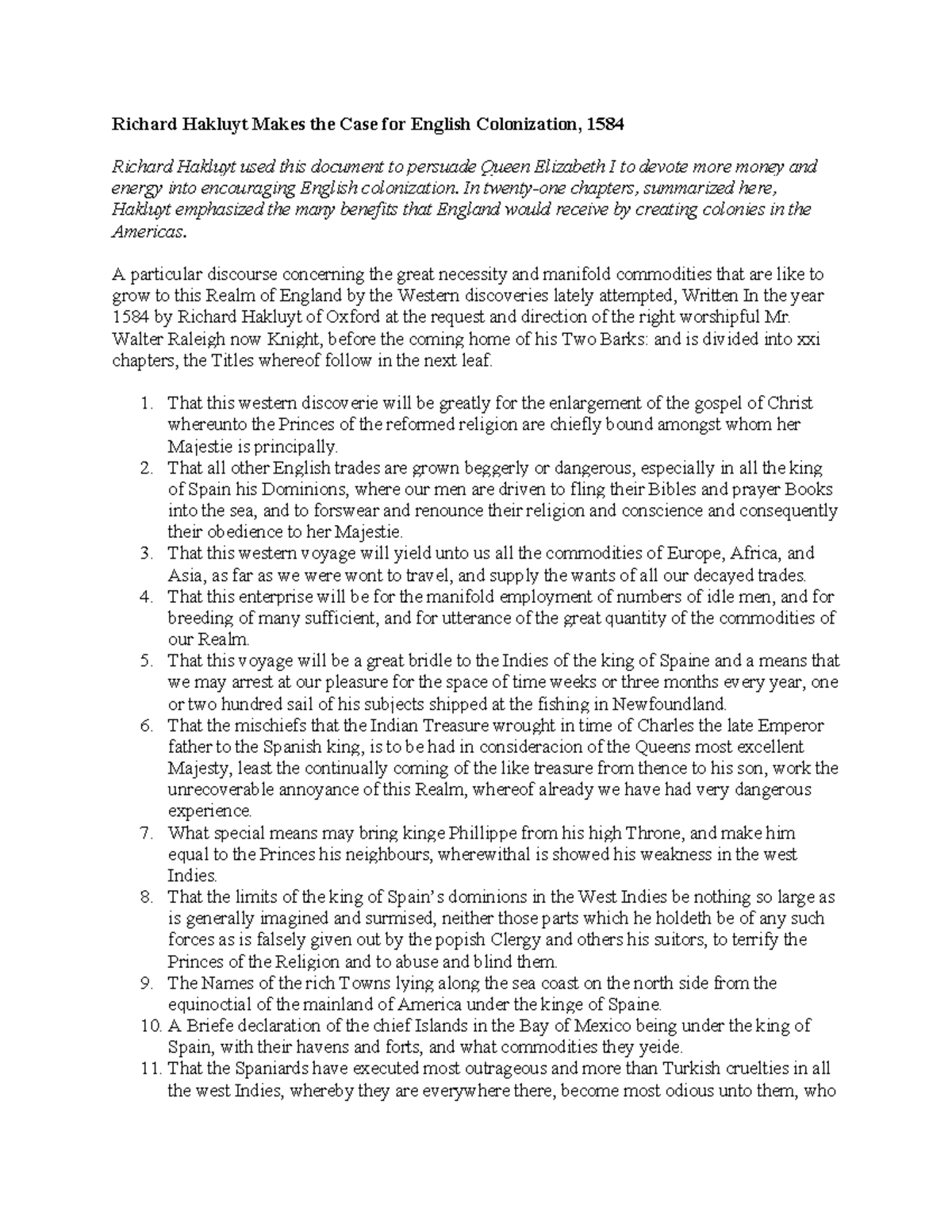 Richard Hakluyt Makes the Case for English Colonization - In twenty-one ...