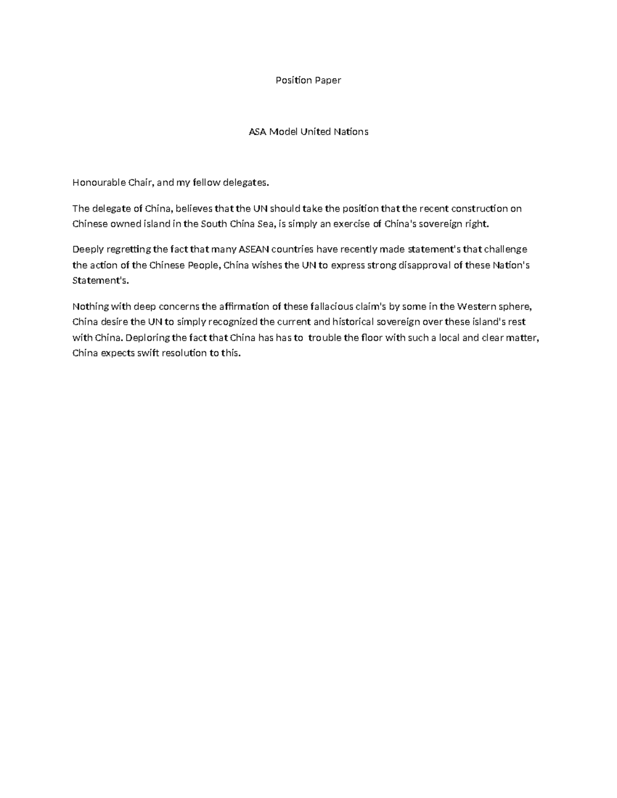 Position Paper - Position Paper ASA Model United Nations Honourable ...