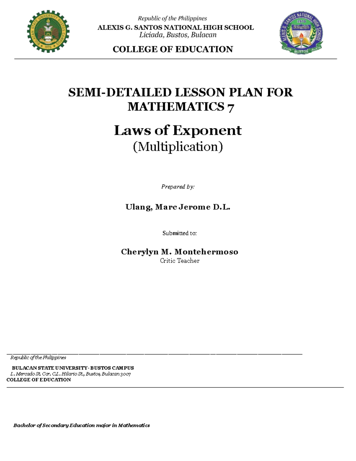 Semi DLP(laws of exponent) - Bachelor of Secondary Education major in ...