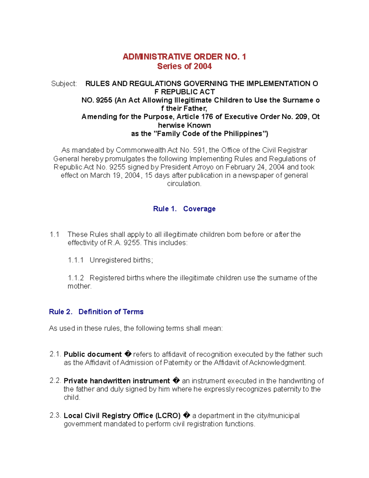 59168728 IRR of R A 9255 - ADMINISTRATIVE ORDER NO. 1 Series of 2004 ...
