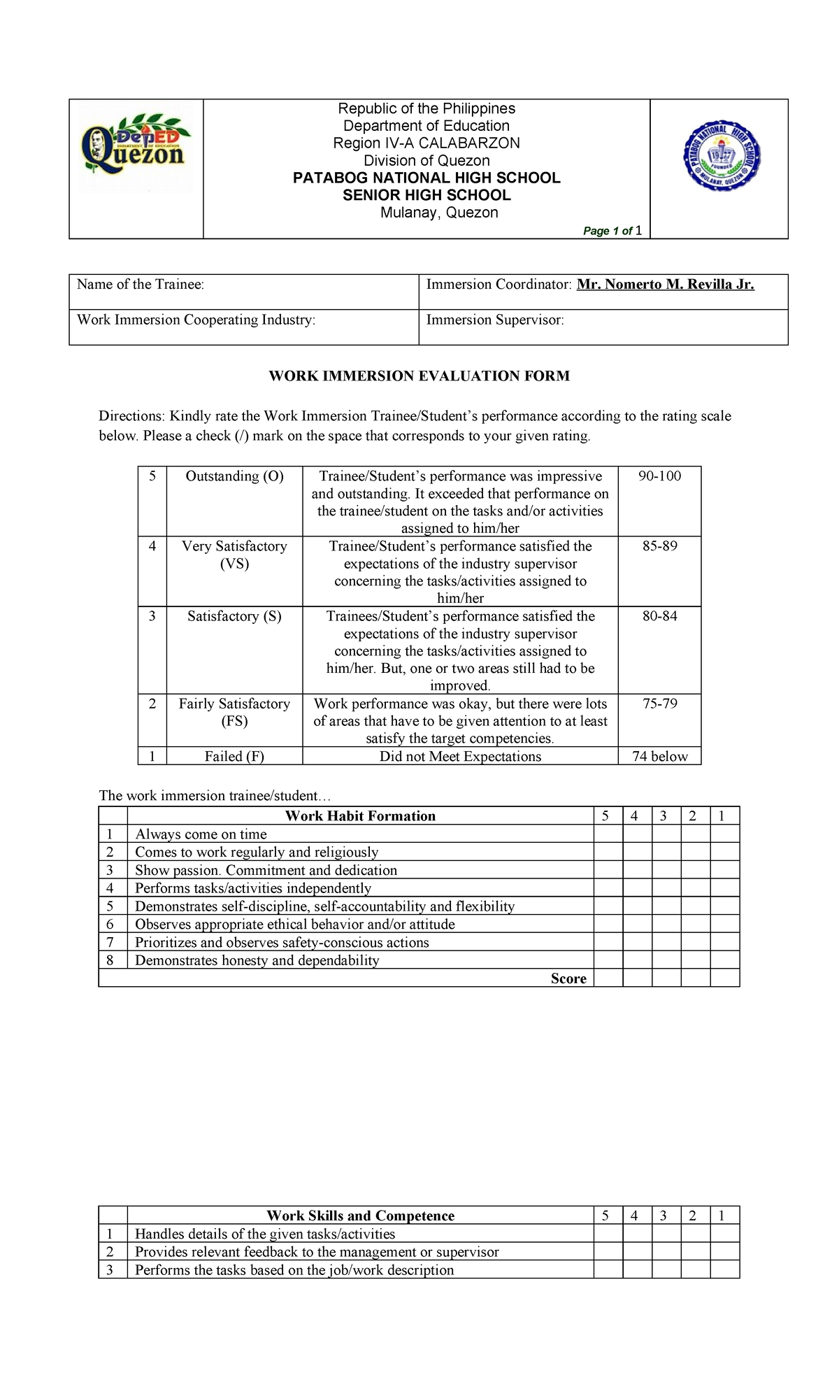 work immersion program - Republic of the Philippines Department of ...