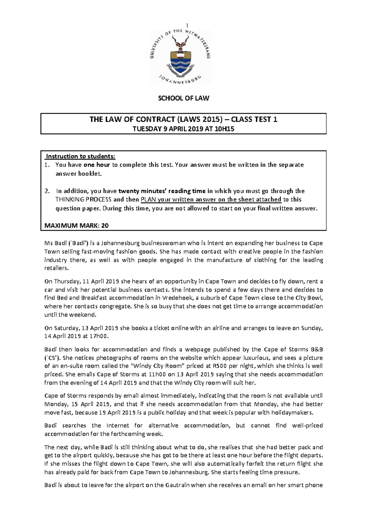 April 2019 Contract test (LAWS2015 CONTRACT LAW) - SCHOOL OF LAW THE ...