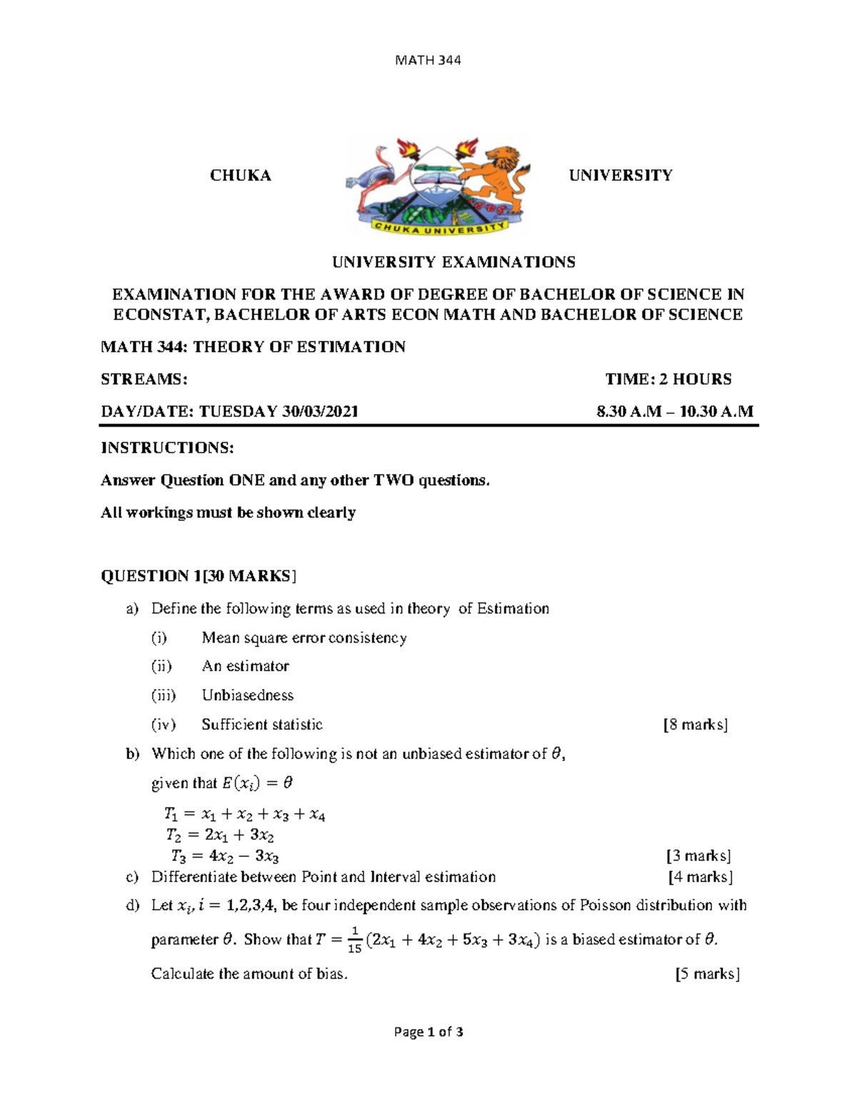 MATH 344 - Fluid flow - MATH 344 Page 1 of 3 CHUKA UNIVERSITY ... MATH 344 - Fluid flow - MATH 344 Page 1 of 3 CHUKA UNIVERSITY ...