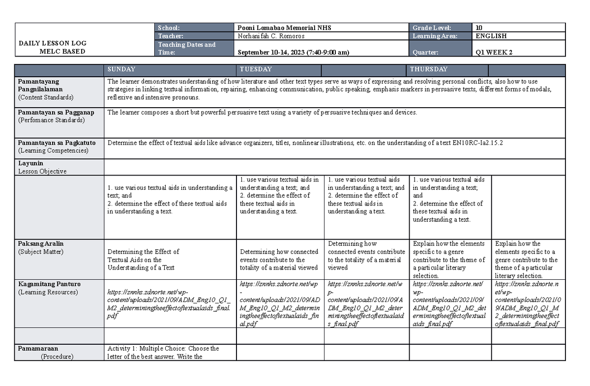 MELC DLL ENG 10 WEEK 2 Q1 DONE - DAILY LESSON LOG MELC BASED School: Pooni Lomabao Memorial NHS ...