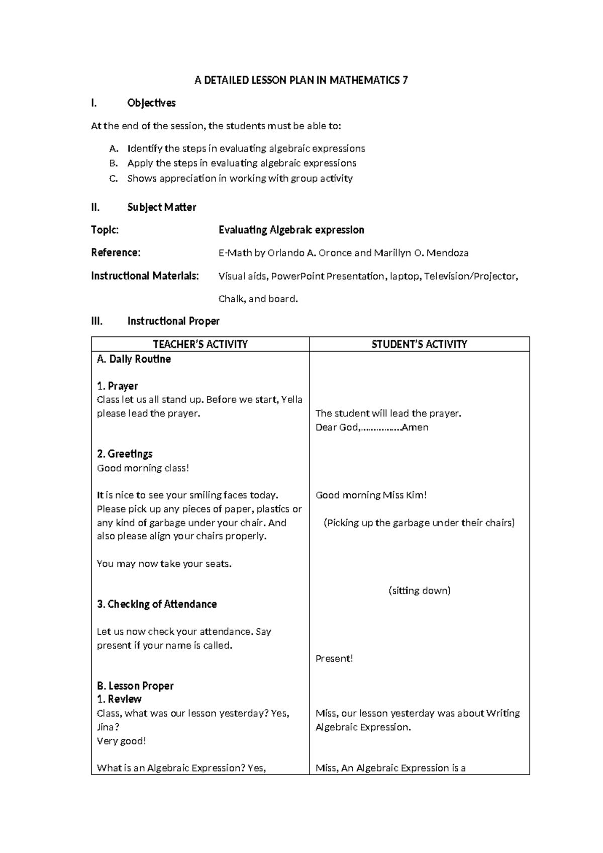 A Detailed Lesson PLAN IN Mathematics 7 (algebraic Expression) am-am ...
