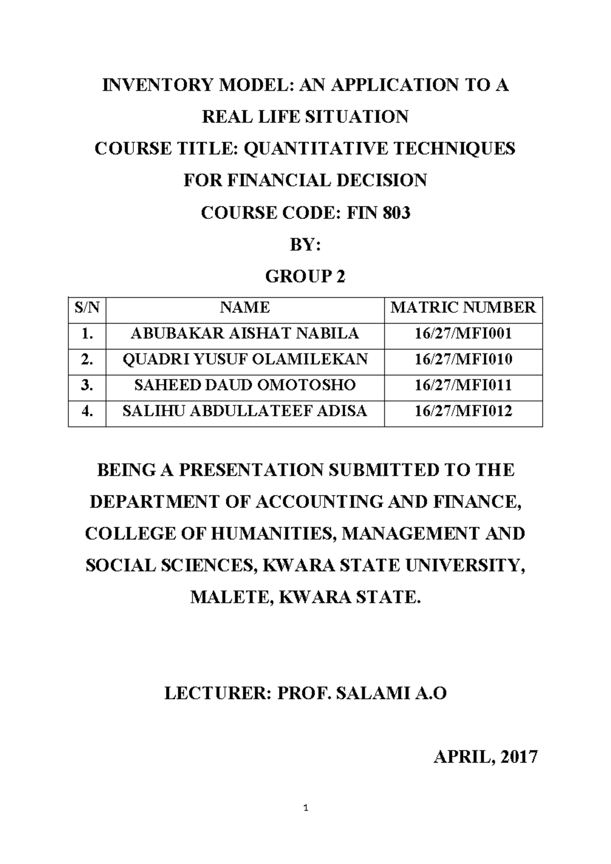 QT Assignment - INVENTORY MODEL: AN APPLICATION TO A REAL LIFE SITUATION COURSE TITLE ...