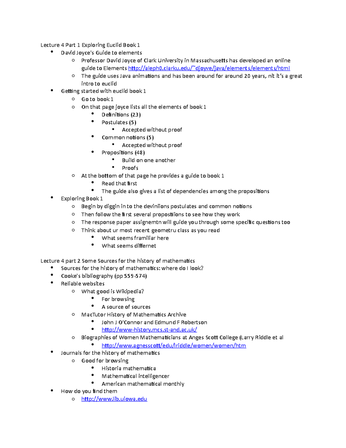 Lecture 4 History of Math - Lecture 4 Part 1 Exploring Euclid Book 1 David Joyce's Guide to ...