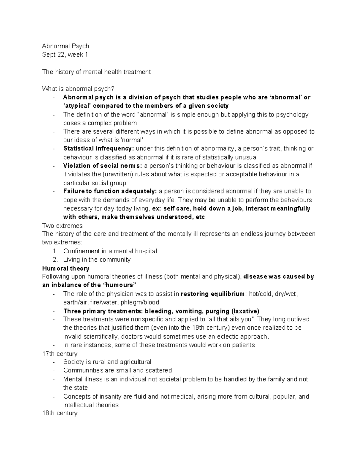 Abnormal Psychology - Lecture notes 1-10 - Abnormal Psych Sept 22, week ...