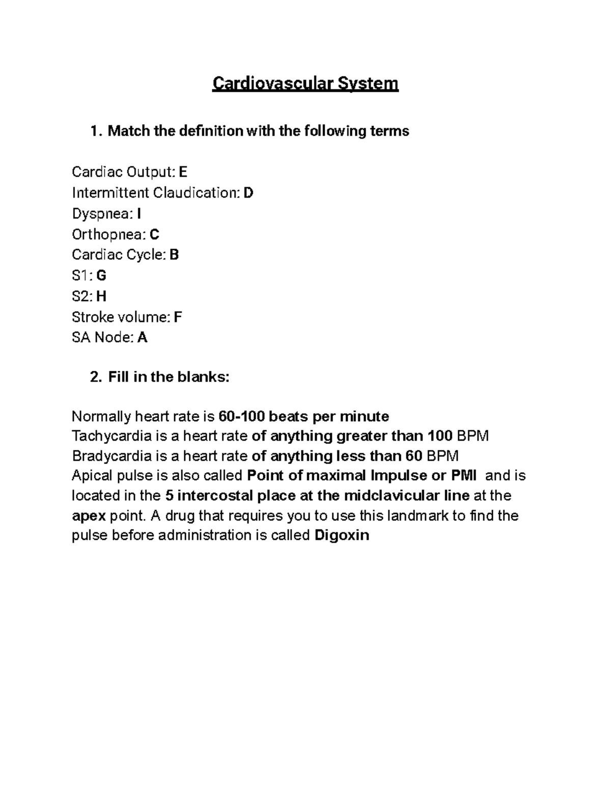 Cardiovascular System - Cardiovascular System Match the definition with ...