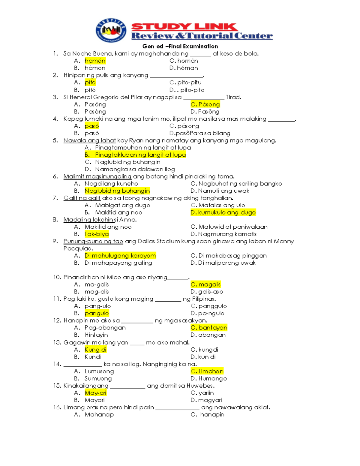 200 items BEED with answer key - Gen ed –Final Examination Sa Noche ...