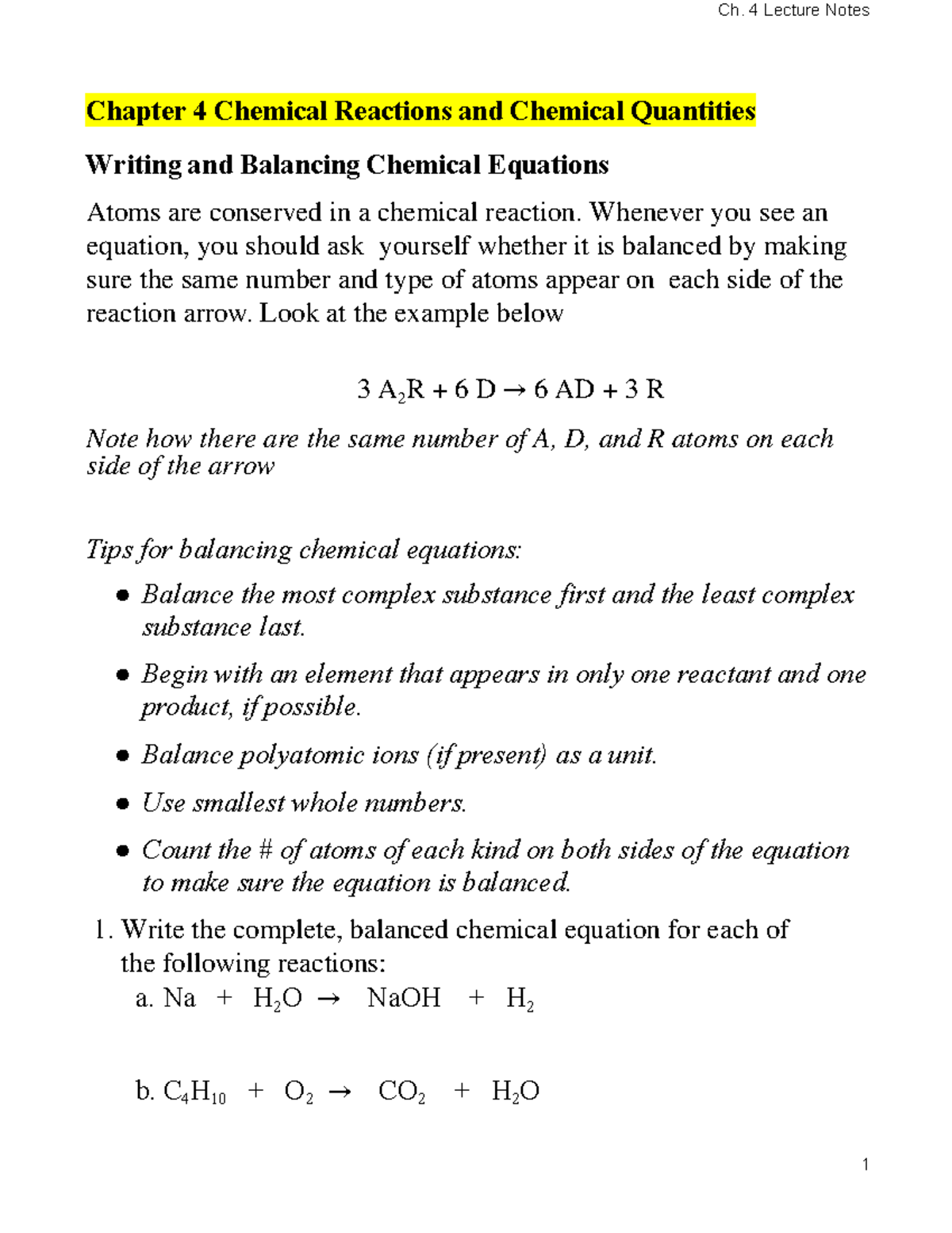 Spring 23 Chapter 4 Chemical Reactions and Chemical Quantities ...