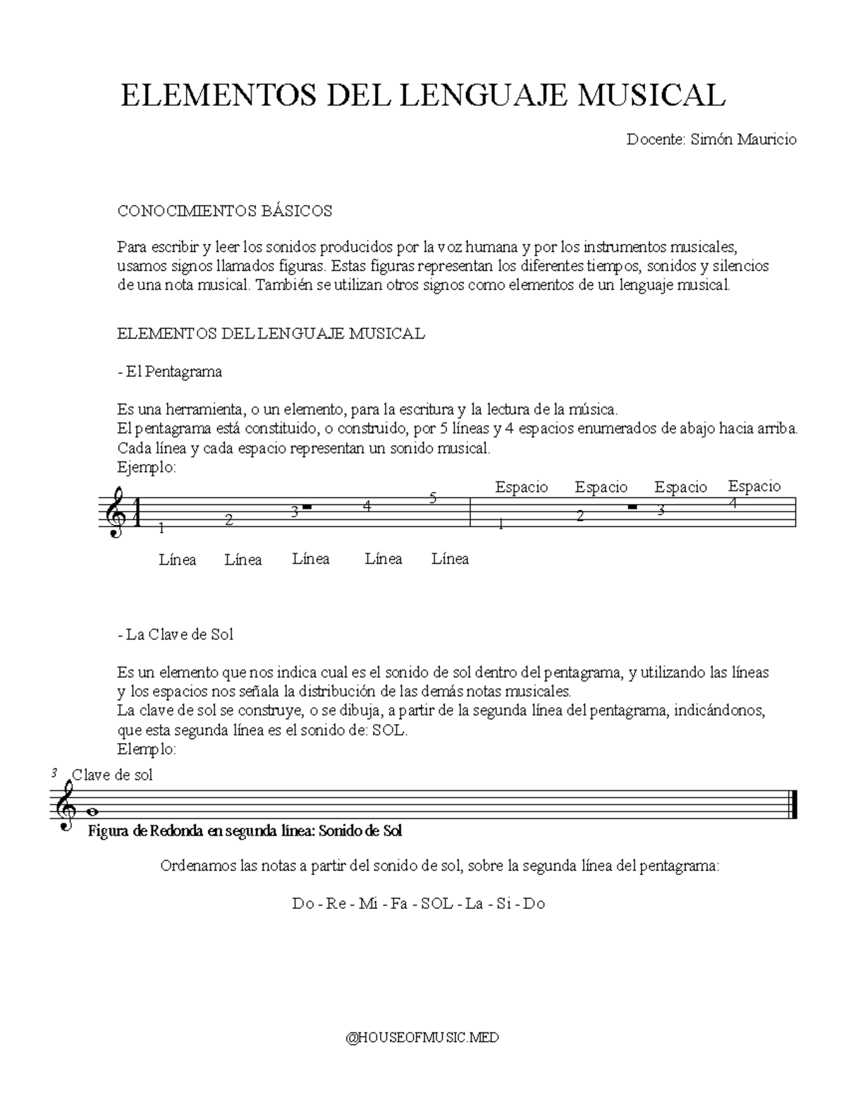 Elementos del Lenguaje Musical - % 0 0 ∑ ∑ % 3 π Docente: Simón Mauricio CONOCIMIENTOS BÁSICOS ...
