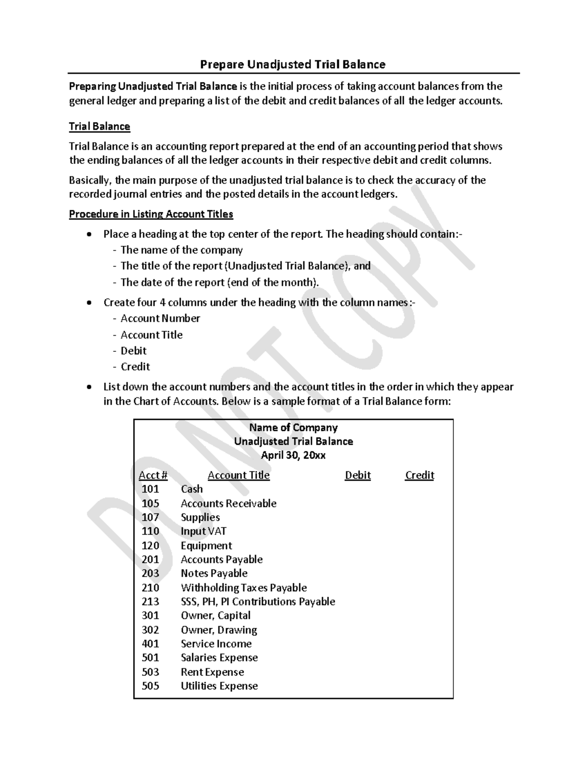 3-Prepare Trial Balance-Rev1 - Prepare Unadjusted Trial Balance ...