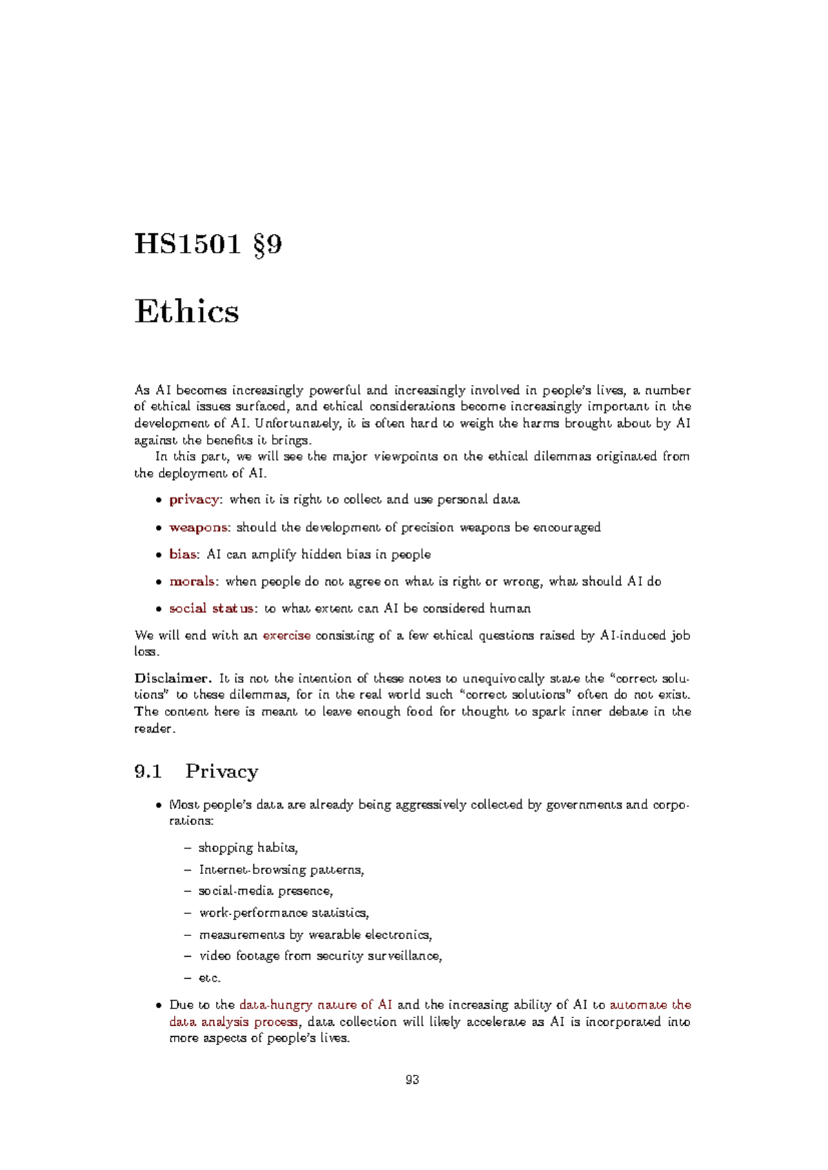 9-ethics - Notes - HS1501 § 9 Ethics As AI becomes increasingly ...