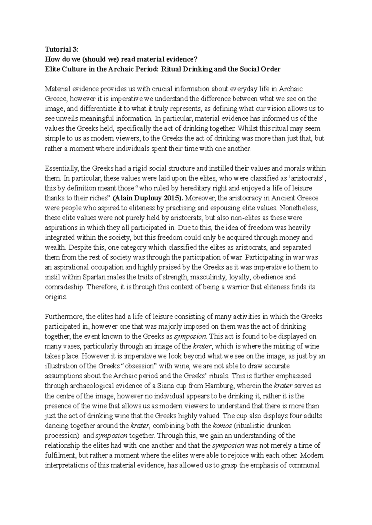 Tutorial 3 Reflection on Elite Culture in Archaic Greece - Tutorial 3 ...