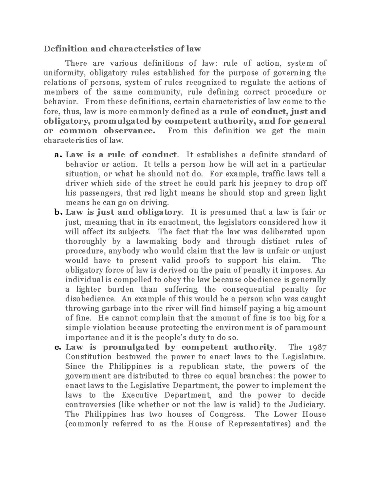 I. Nature of Law - Lecture notes 1, 2, 3 - Definition and ...