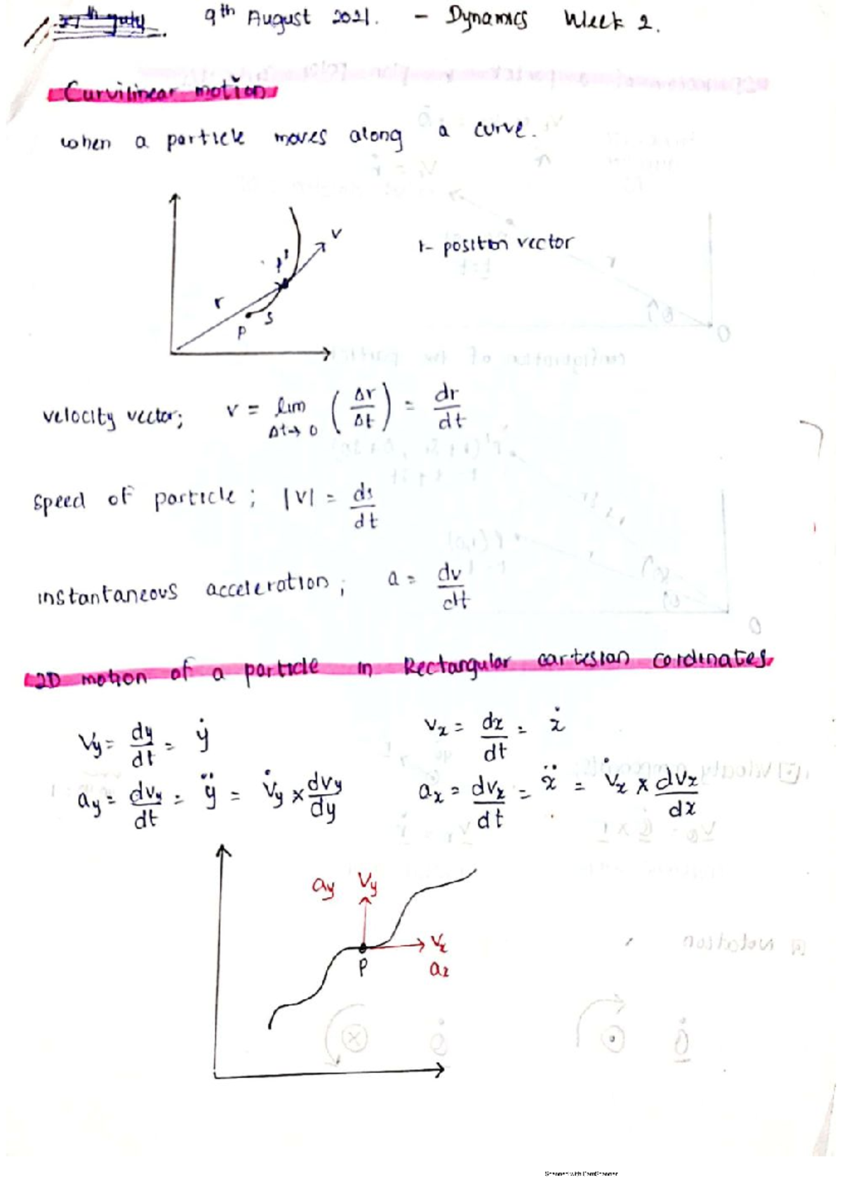 Dynamics note - July 9th August 2021 Dynamics week 2. Curvilinear motion when a particle moves ...