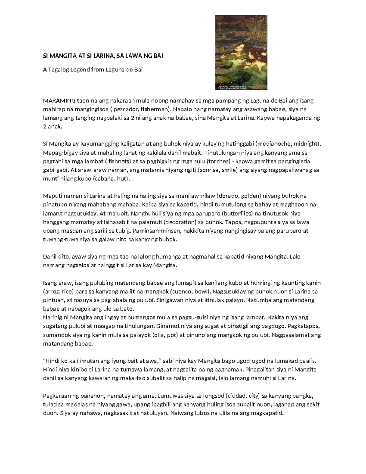 643207526 SI Mangita AT SI Larina buod docx - SI MANGITA AT SI LARINA, SA LAWA NG BAI A Tagalog ...