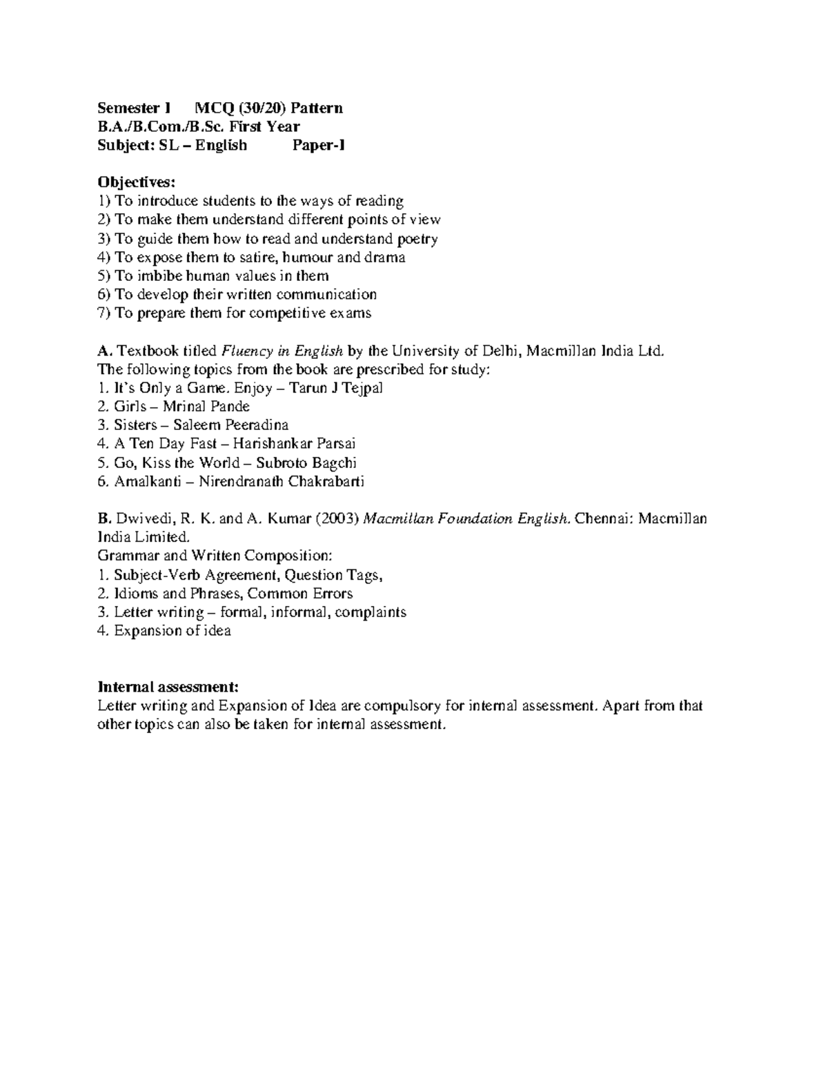 Slenglishmcqsyllabus - Semester I MCQ (30/20) Pattern B.A./B.Com./B ...