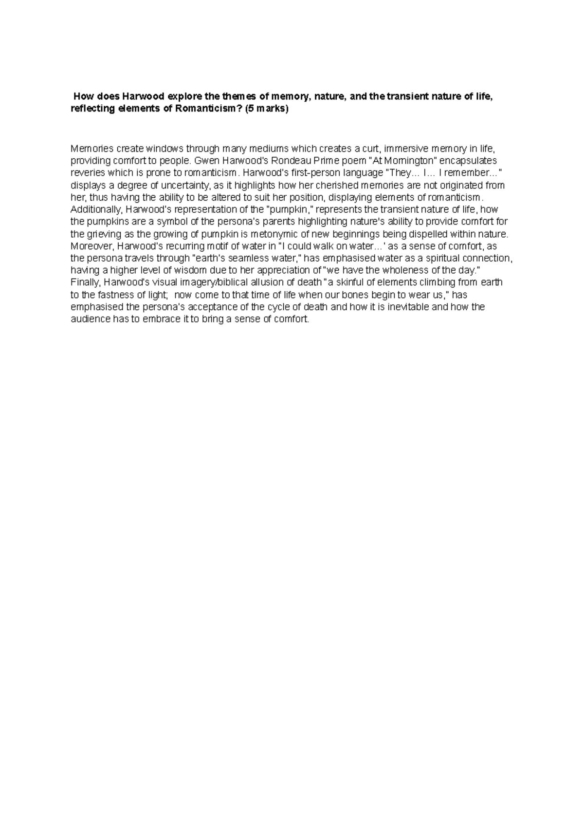 Gwen Harwood - How does Harwood explore the themes of memory, nature ...