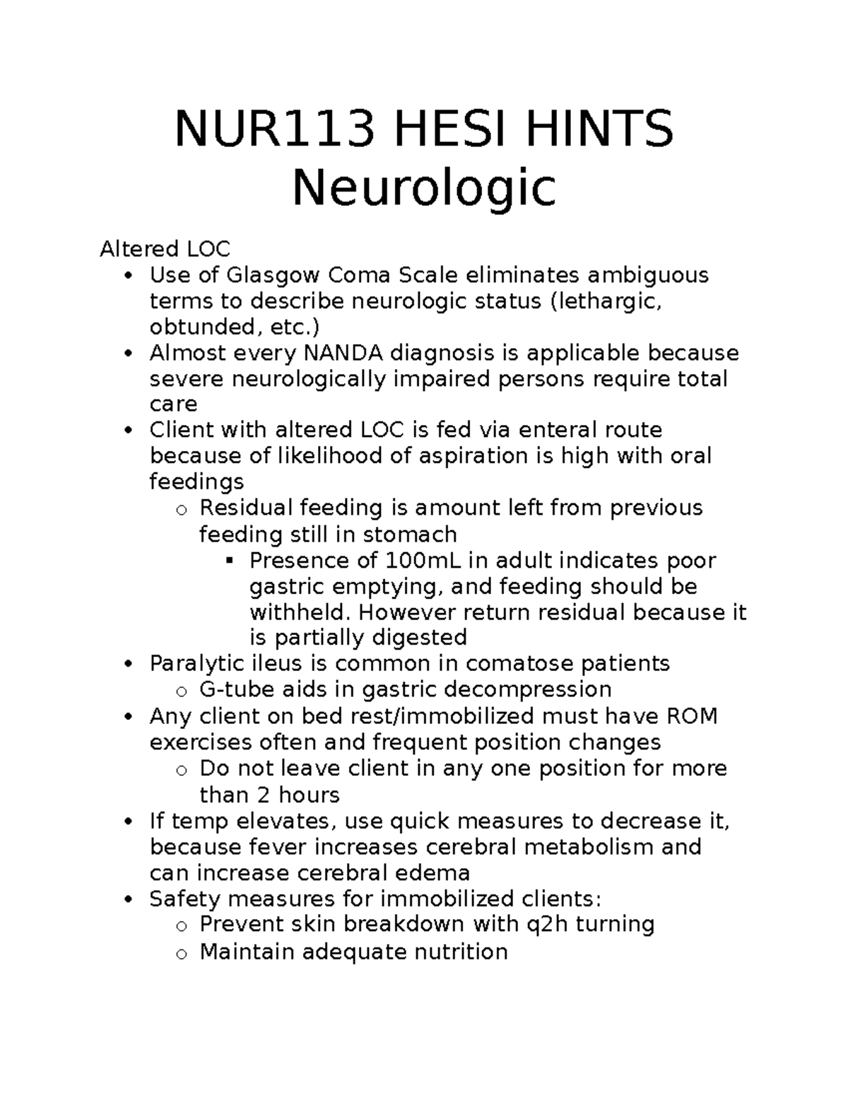 NUR113 HESI Hints neuro - NUR113 HESI HINTS Neurologic Altered LOC Use ...