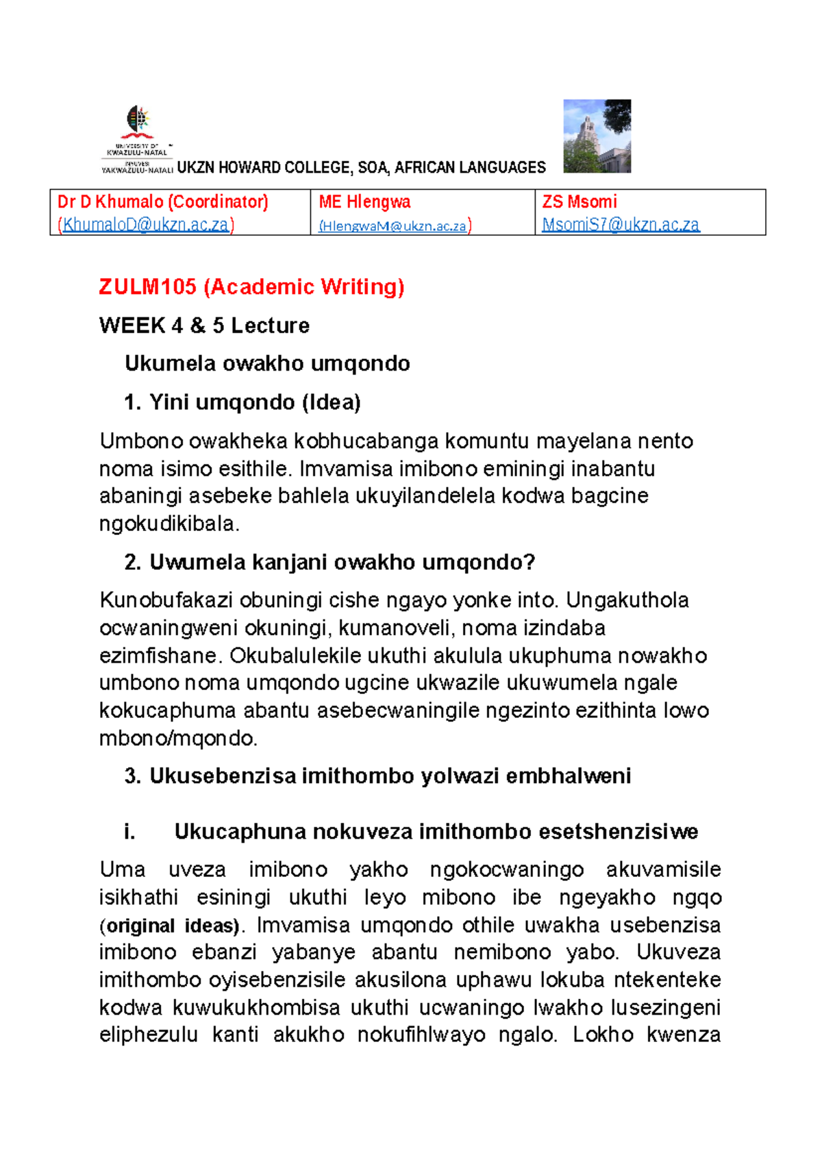 Ukumela Owakho Umqondo Nemithombo Yolwazi - UKZN HOWARD COLLEGE, SOA ...