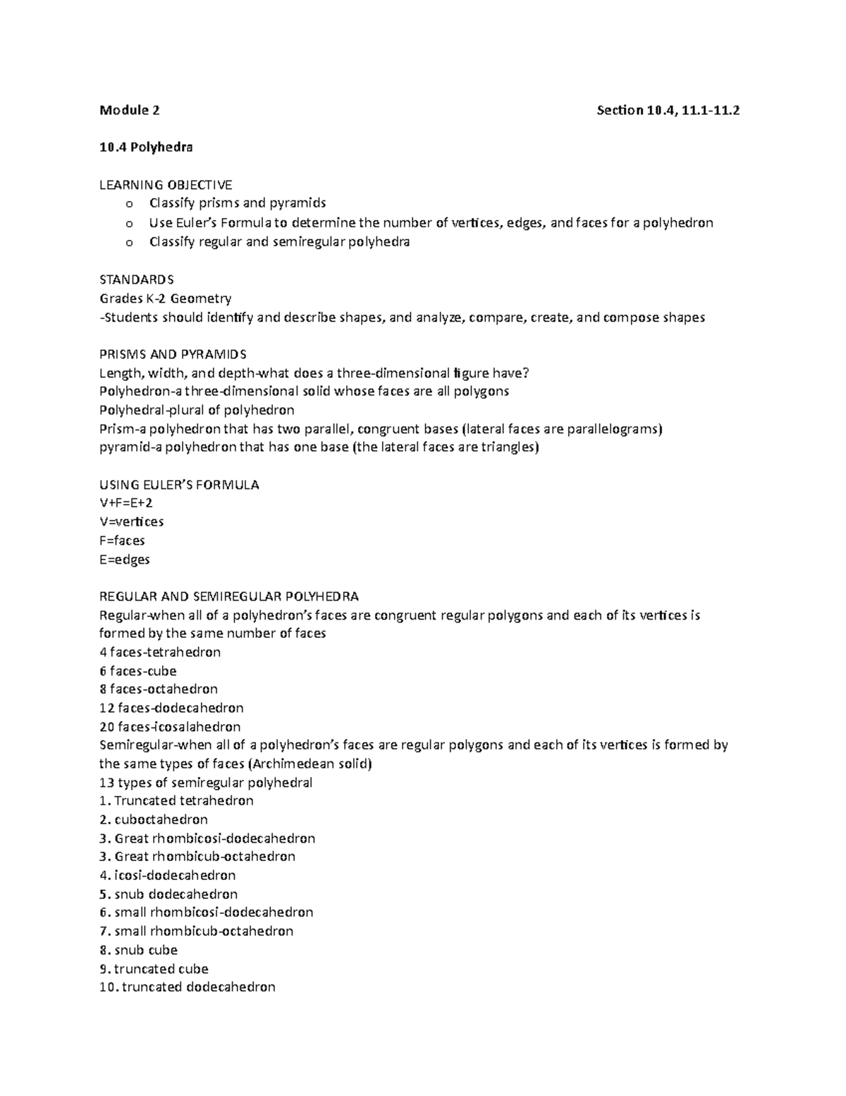 Module 2 (Section 10.4, 11 - Module 2 Section 10, 11-11. 10 Polyhedra ...