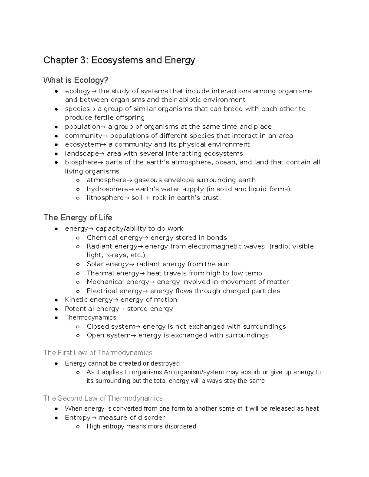 EVST 100 Ch 3 notes (Textbook) - Chapter 3: Ecosystems and Energy What ...